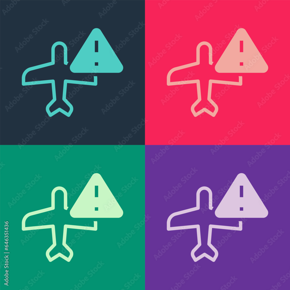 Pop art Warning aircraft icon isolated on color background. Faulty ...