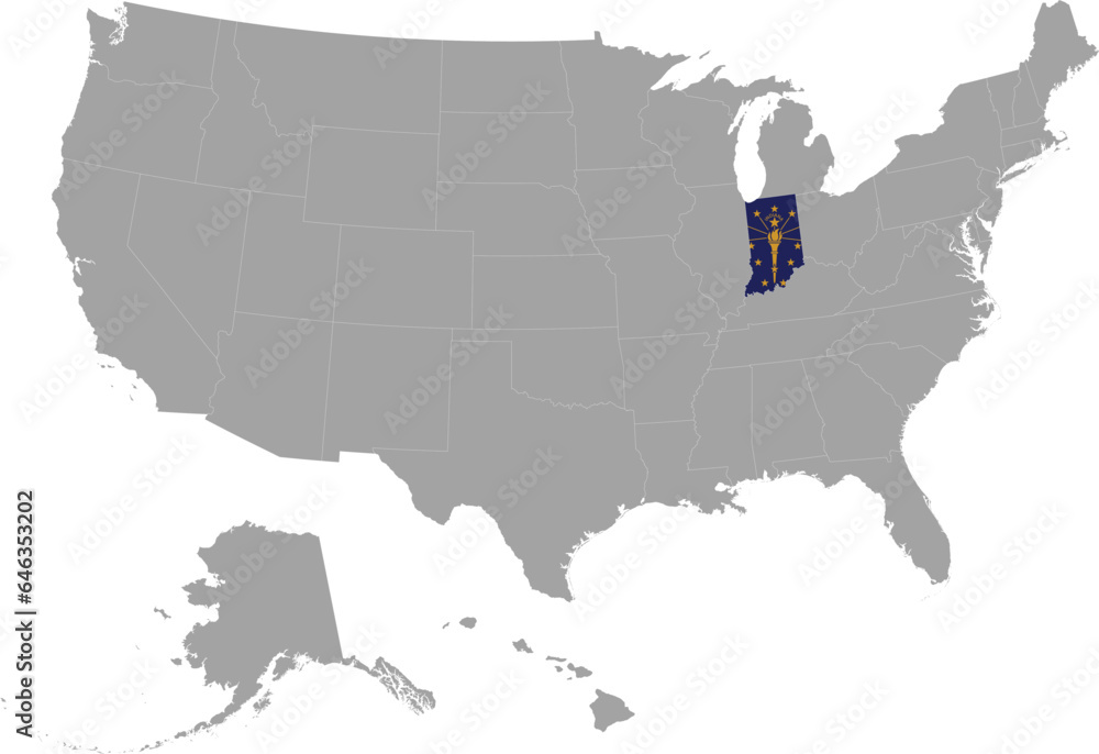 Map of US federal state of Indiana with state flag within gray map of ...