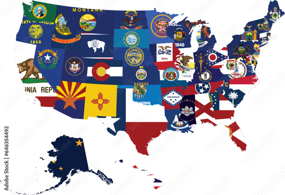 Vetor De Map Of All US Federal States With State Flag Within Map Of vetor-de-map-of-all-us-federal-states-with-state-flag-within-map-of