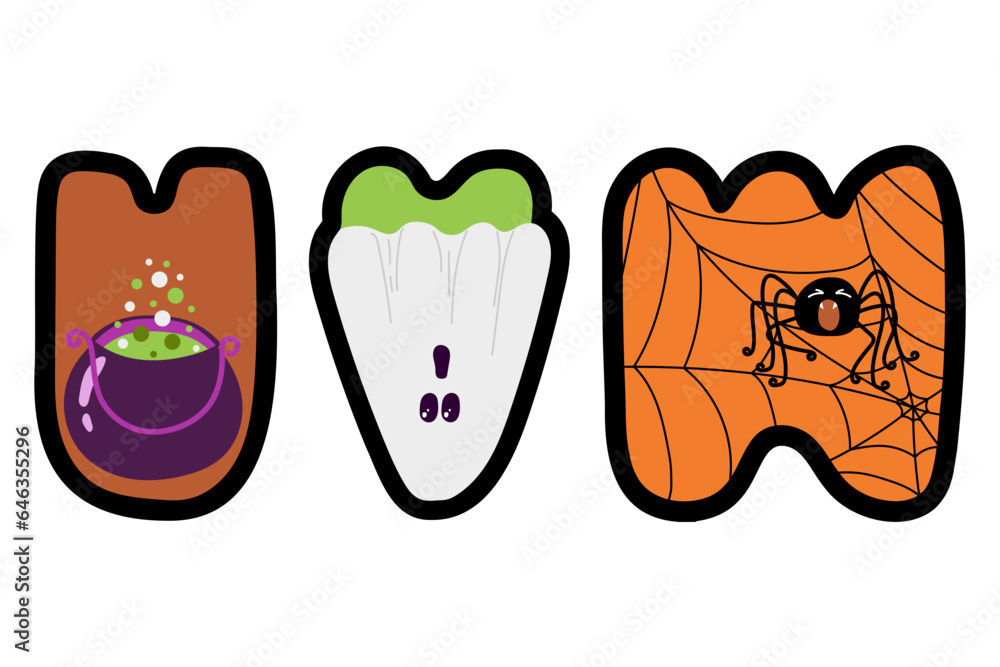 Halloween English alphabet. UVW letters in flat cartoon style. Abc with ...