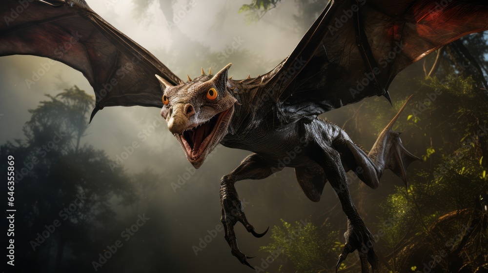 Screeching prehistoric Dinosaur bird flying through the air. Concept ...