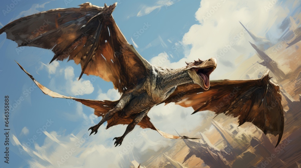 Screeching prehistoric Dinosaur bird flying through the air. Concept ...