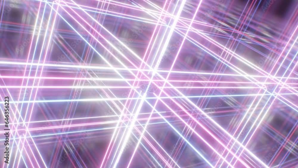 Flying Inside Cubic Mirror Room With Glowing Neon Laser Beam Pillars ...
