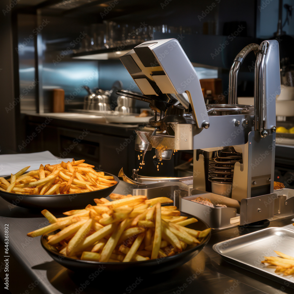 robot making french fries in a restaurant. Stock Photo | Adobe Stock