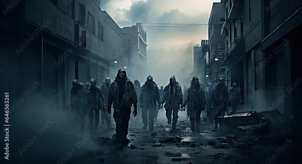 Misty night evening with the zombies walking in the abandoned city ...