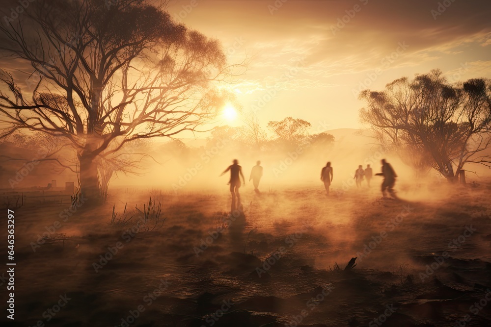 Misty morning sunrise with the zombies walking on the mountain ...