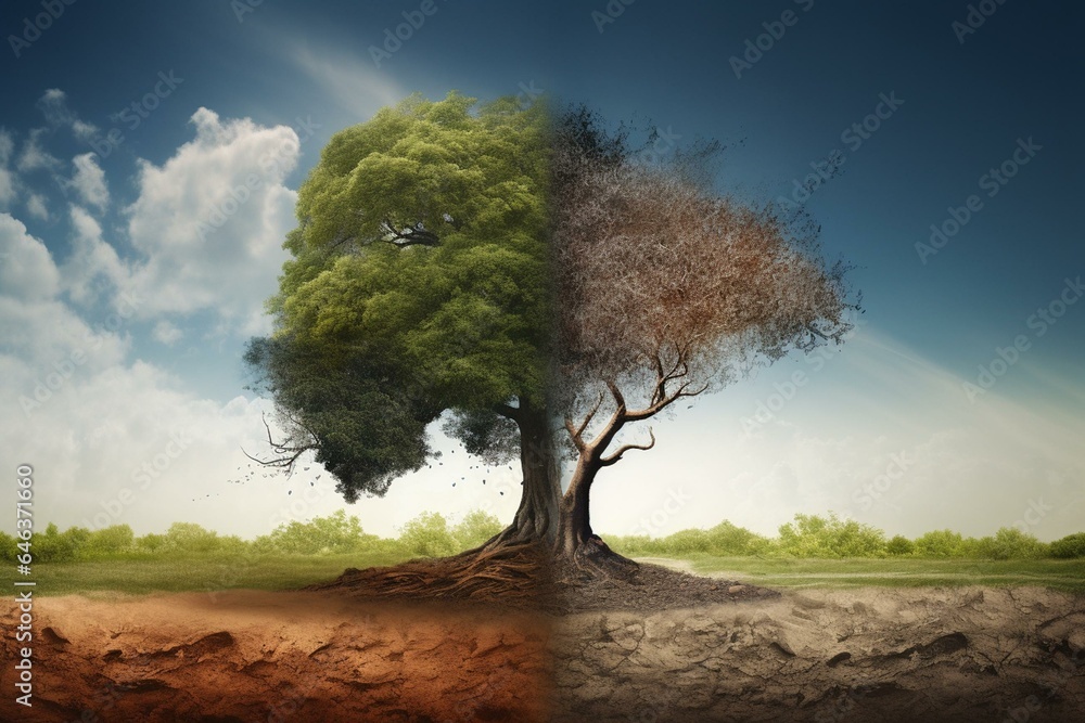 Two contrasting environments of a tree, representing Earth Day, World ...