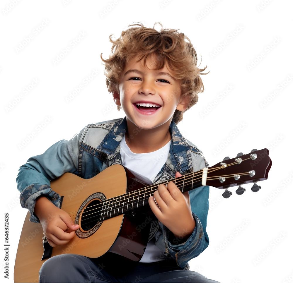 Happy boy playing guitar on transparent background, concept of children ...