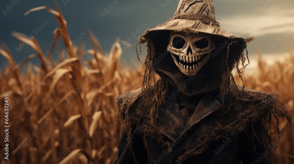 Evil scarecrow zombie in middle of a farm corn field with rotting sun ...