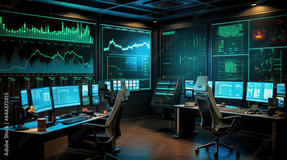 Computers in Monitoring Control Room with Digital Screens with Server ...