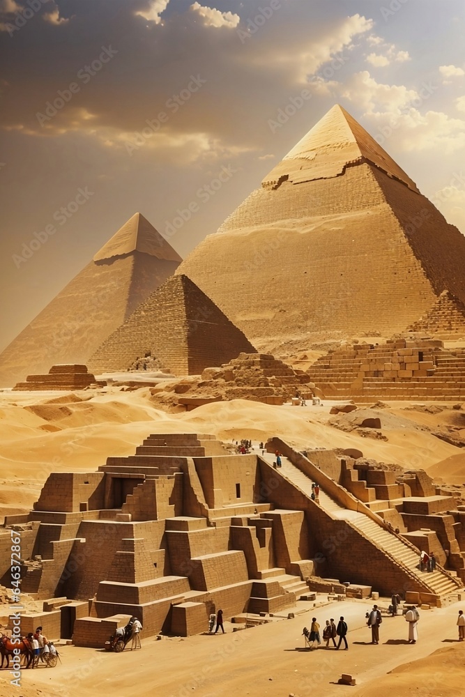 The ancient Egyptian pyramids, rising majestically from the vast desert ...