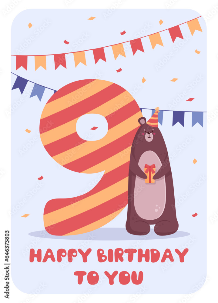 Happy birthday text vector poster design for children. 9 year birthday ...