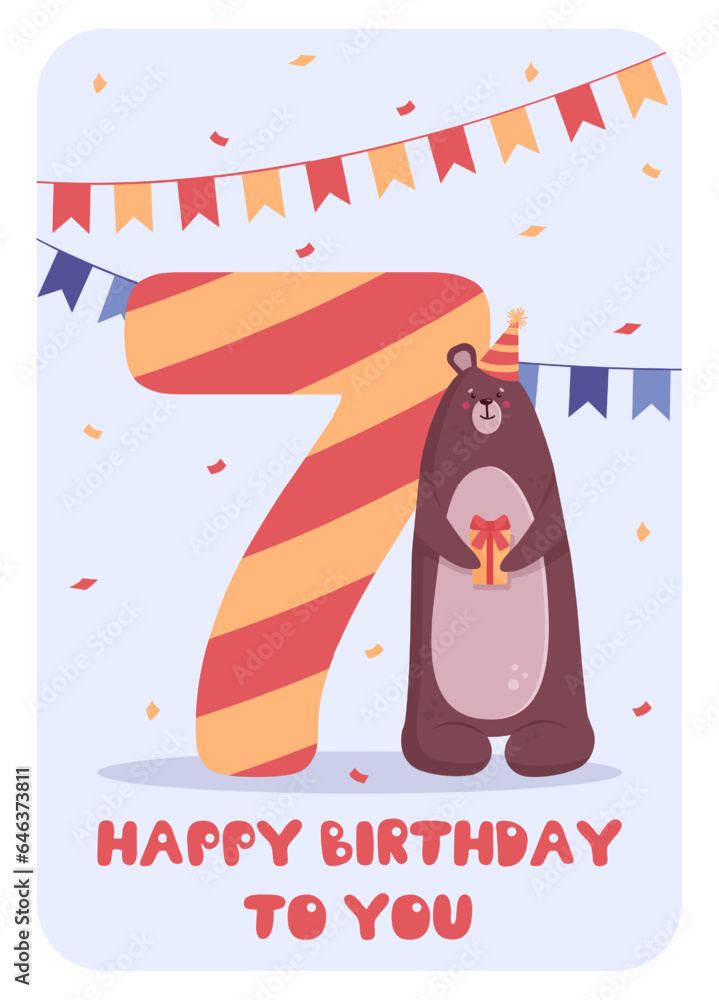 Happy birthday text vector poster design for children. 7 year birthday ...