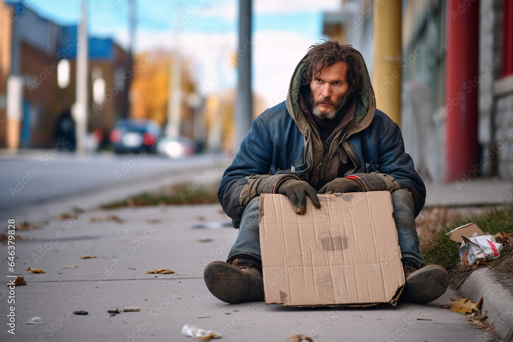 Homeless man in old clothes sitting on the street with a cardboard. AI ...