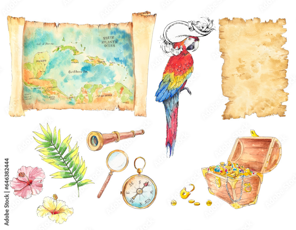 Pirate theme Treasure hunt. Watercolor vector graphic collection ...
