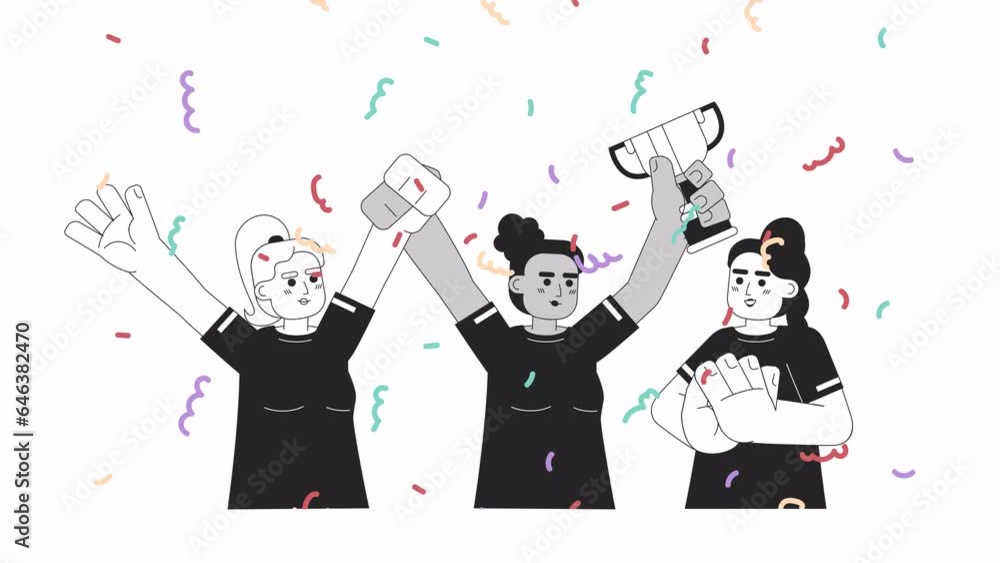 Diverse team winning bw cartoon animation. Group achievement 4K video ...