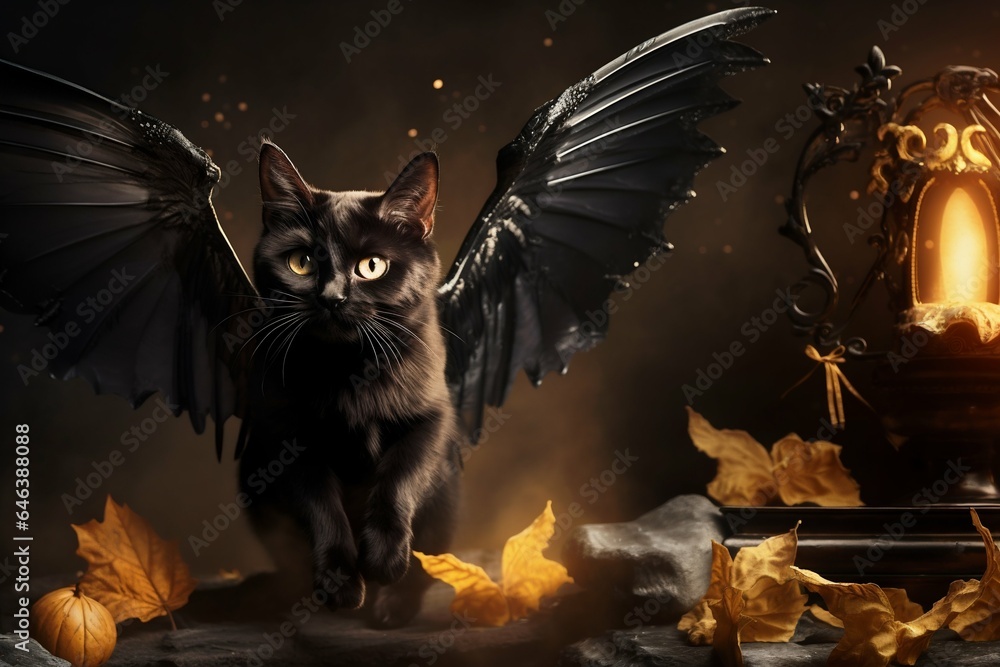Black cat with bat wings. Mythical Creature on magical background ...