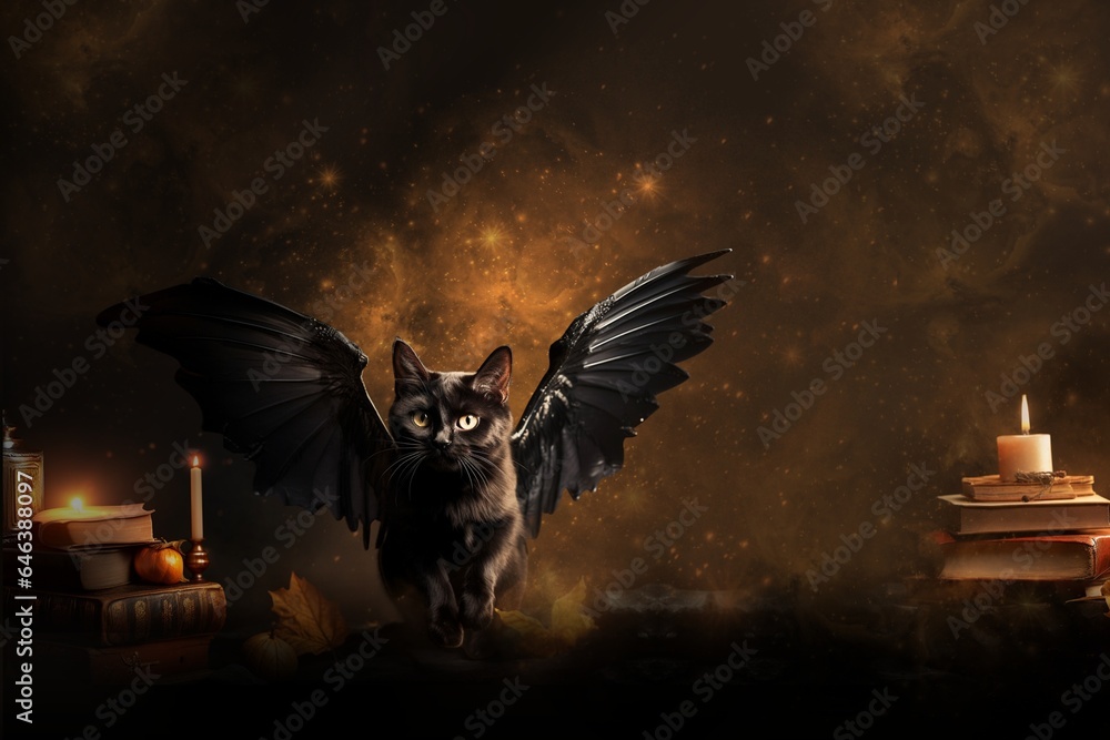 Black cat with ethereal bat wings. The mystical cat is set against a ...