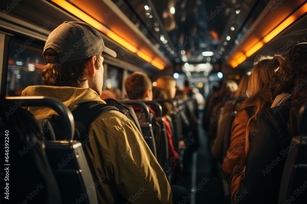 Perspective from the back Passengers inside a moving bus Stock ...