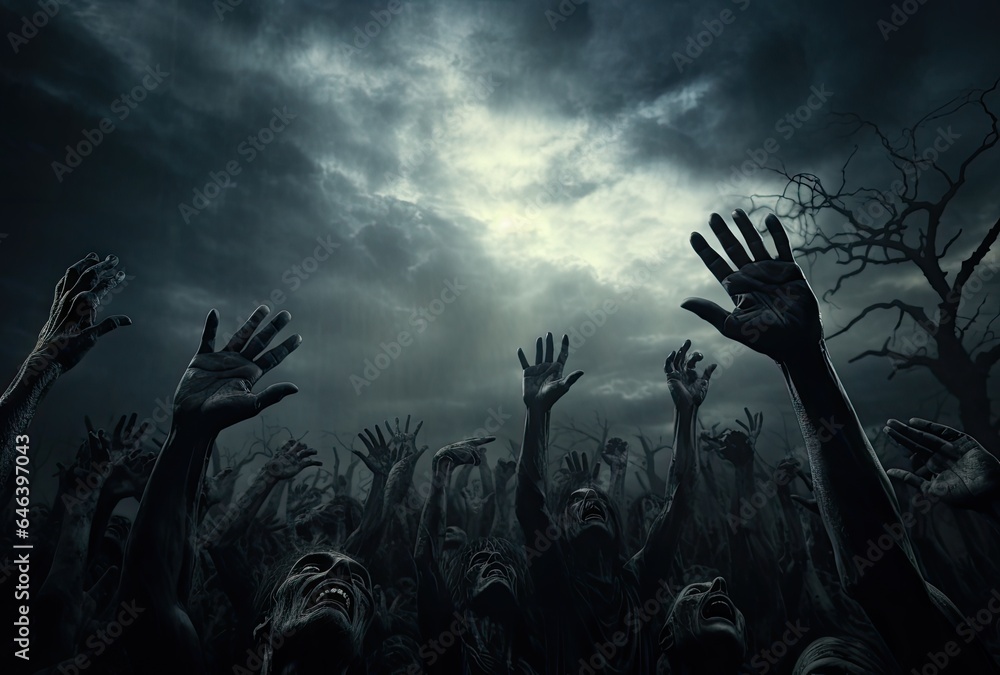 Scary zombie raising rotten hand for receive moonlight in Halloween ...