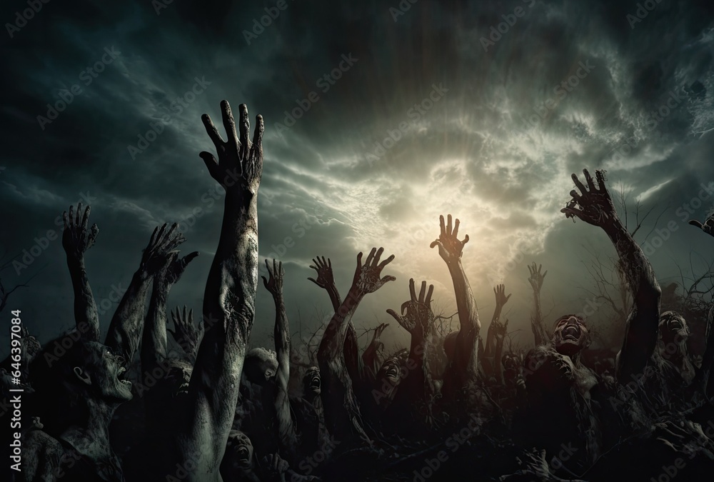 Scary zombie raising rotten hand for receive moonlight in Halloween ...