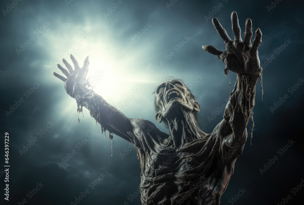Scary zombie raising rotten hand for receive moonlight in Halloween ...