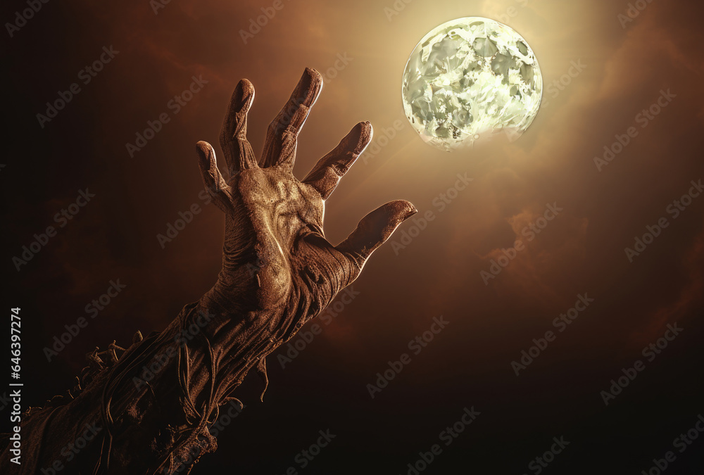 Scary zombie raising rotten hand for receive moonlight in Halloween ...
