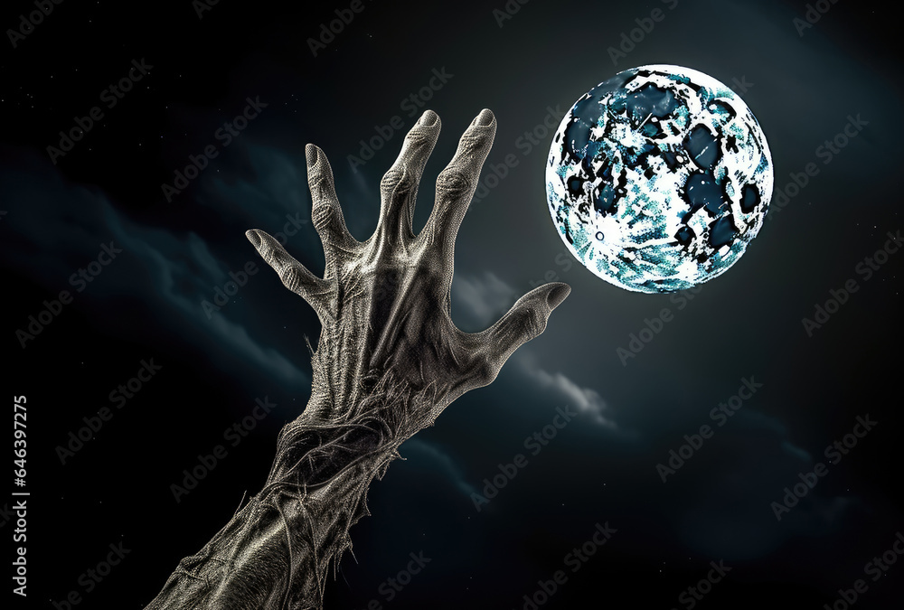 Scary zombie raising rotten hand for receive moonlight in Halloween ...