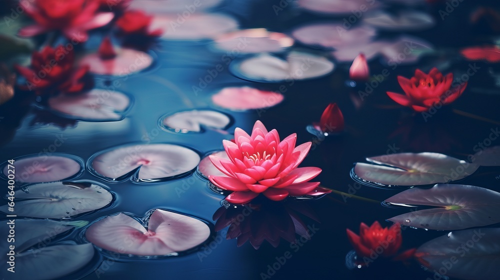 Aquatic plant, Buddhist symbol, with dark blue toned leaves and a red ...