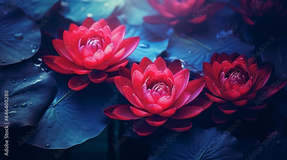 Aquatic plant, Buddhist symbol, with dark blue toned leaves and a red ...