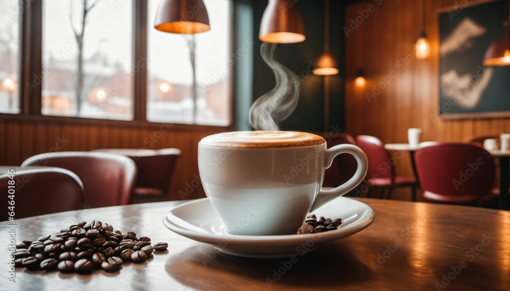 cup of hot coffee with cozy coffeehouse restaurant background, created ...