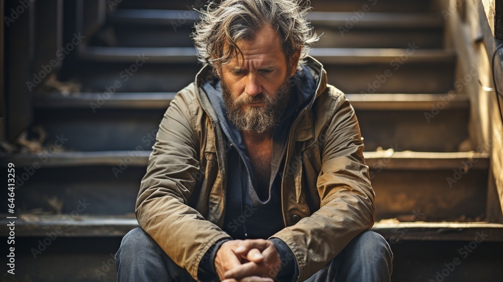 Man in distress slumped on a fire escape or in a structure, hands ...
