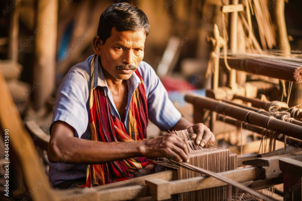 An Indian worker engaged in traditional textile weaving, embodying the ...