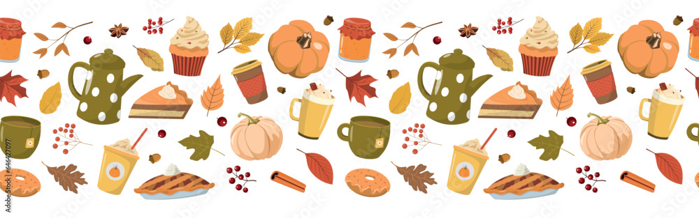 Autumn food and drinks border pattern. Fall seasonal design. Isolated ...