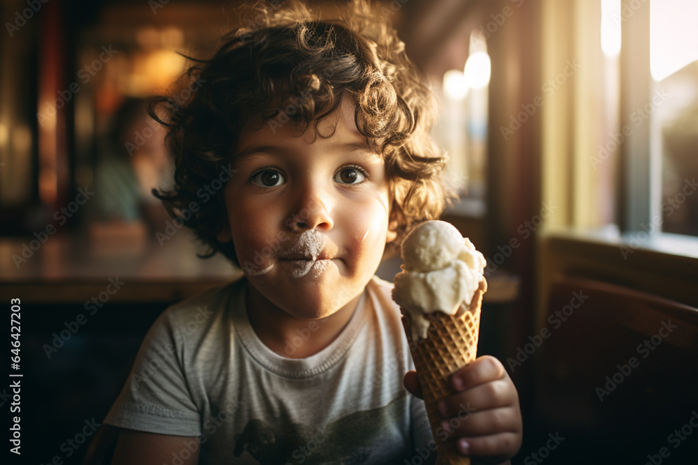 Cute little boy eating ice cream on a shop, kid enjoying ice cream in waffle cone, adorable boy ...