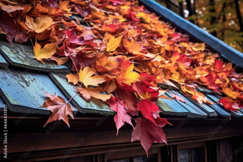 roof gutter filled with colorful autumn leaves Stock Photo | Adobe Stock
