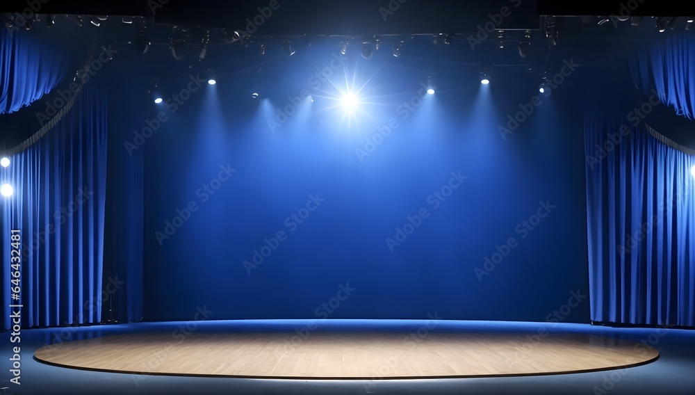 Blue Theatrical Stage with Circular Wooden Platform Illuminated by ...