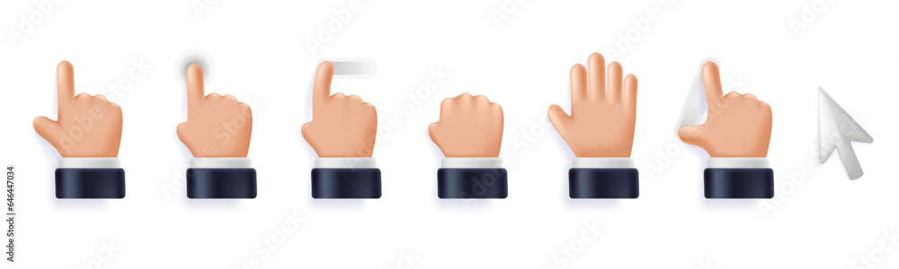 Cursor 3D icons. Touch screen interface click tap, point finger, swipe ...