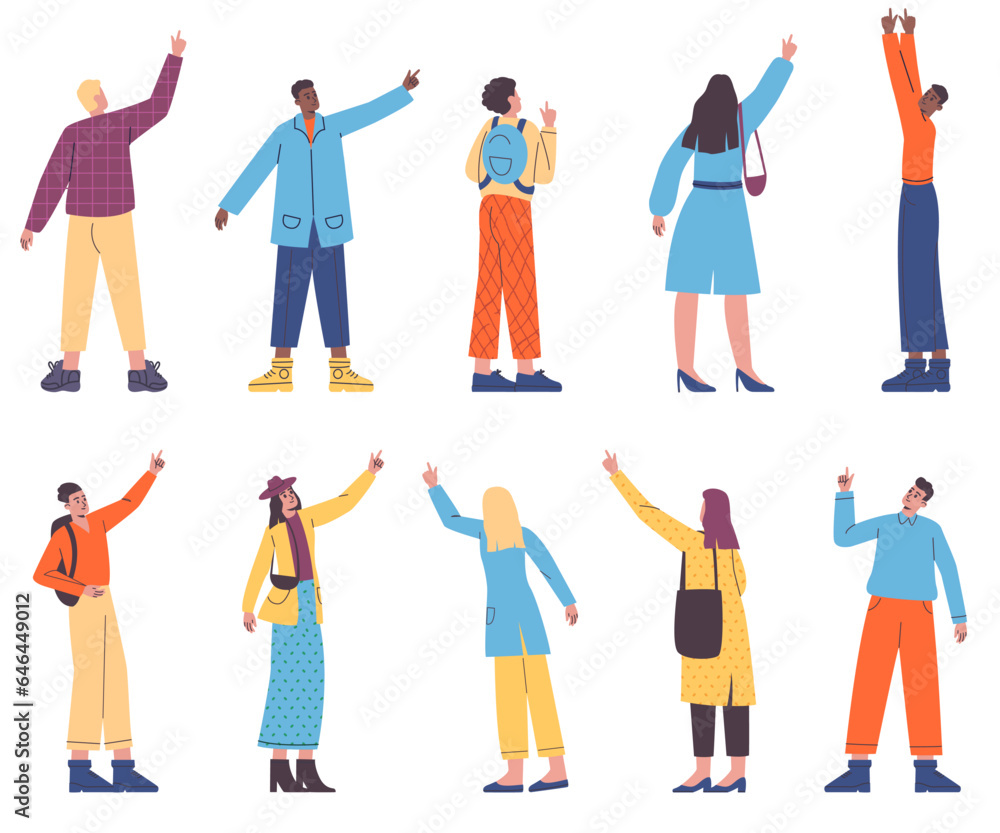 Cartoon people looking up. Flat style men and women showing upwards ...