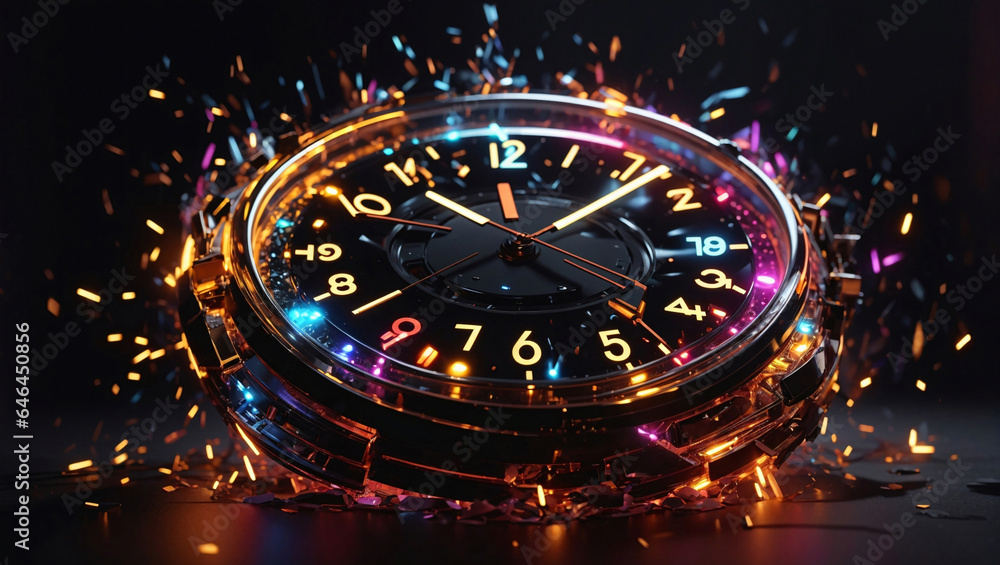 Explosion of a clock, signaling the passing of time clock with flames ...