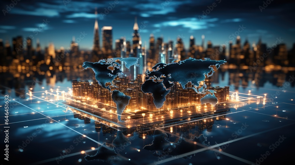 digital transformation and big data, world map graphic blue light noen ...