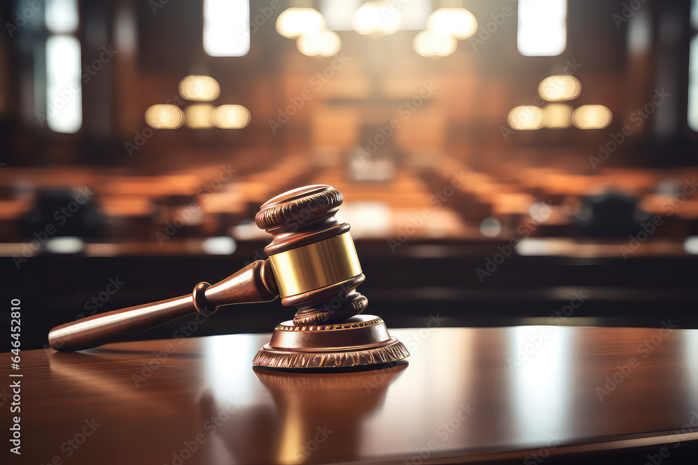 Wooden gavel on a desk in a courtroom. Announcement of the judge ...