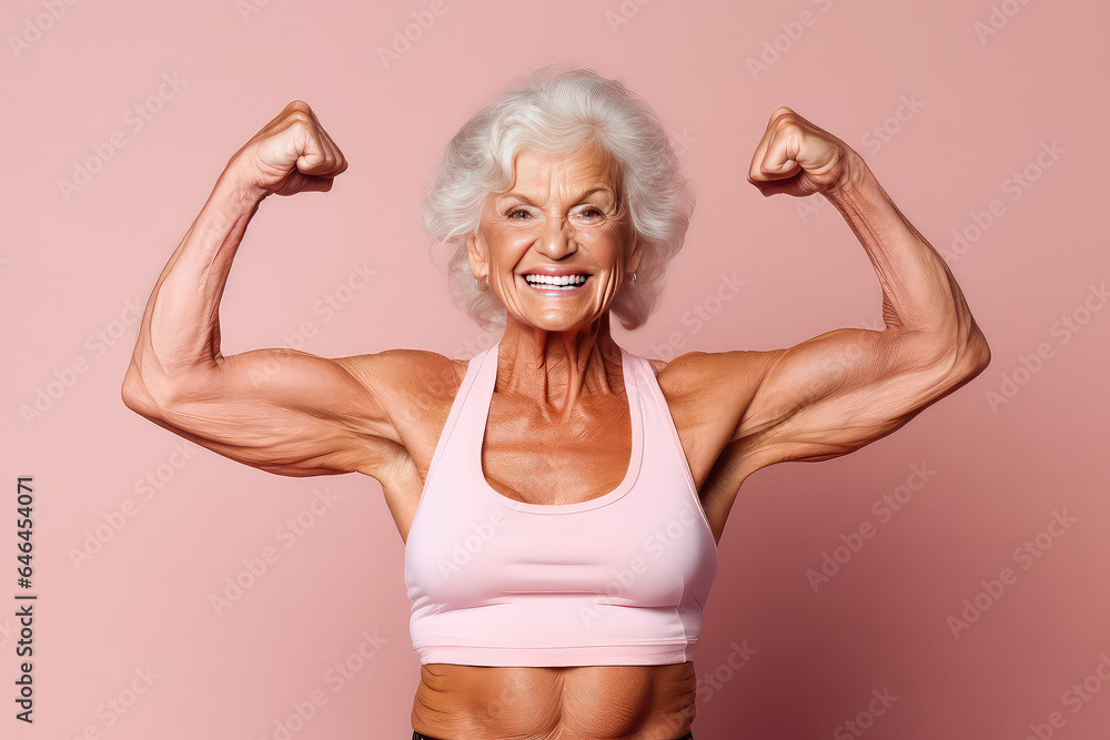 Portrait of elderly smiling woman with a highly muscular physique, old ...