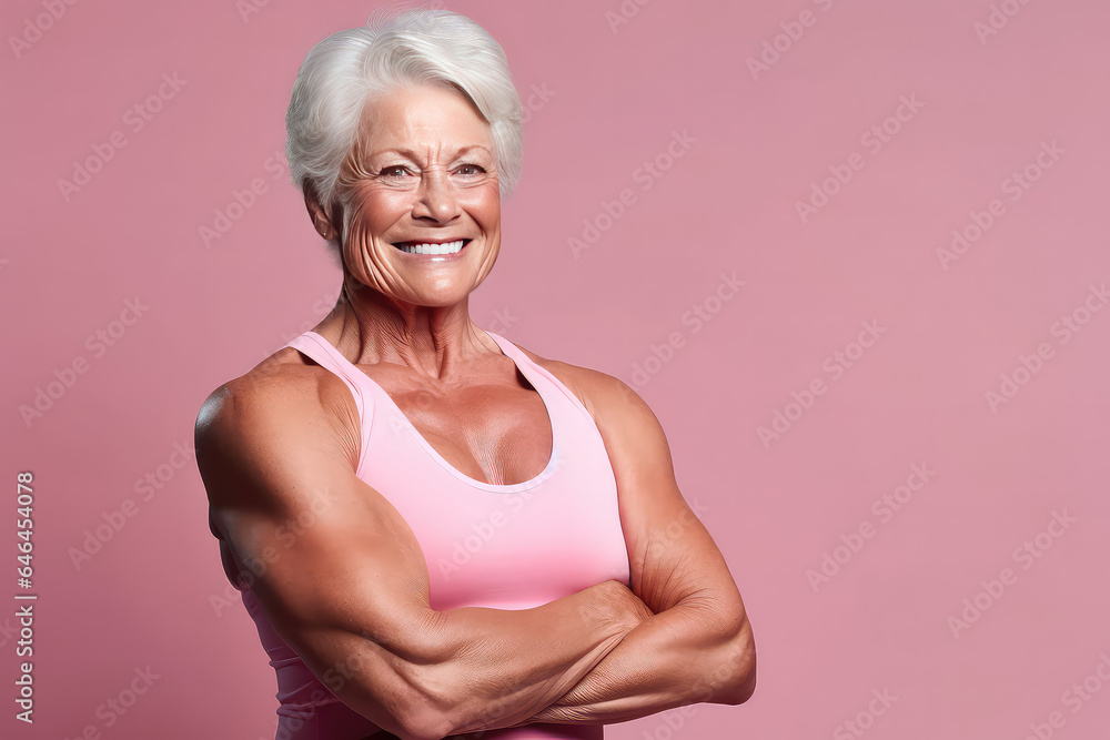 Portrait of elderly smiling woman with a highly muscular physique, old ...