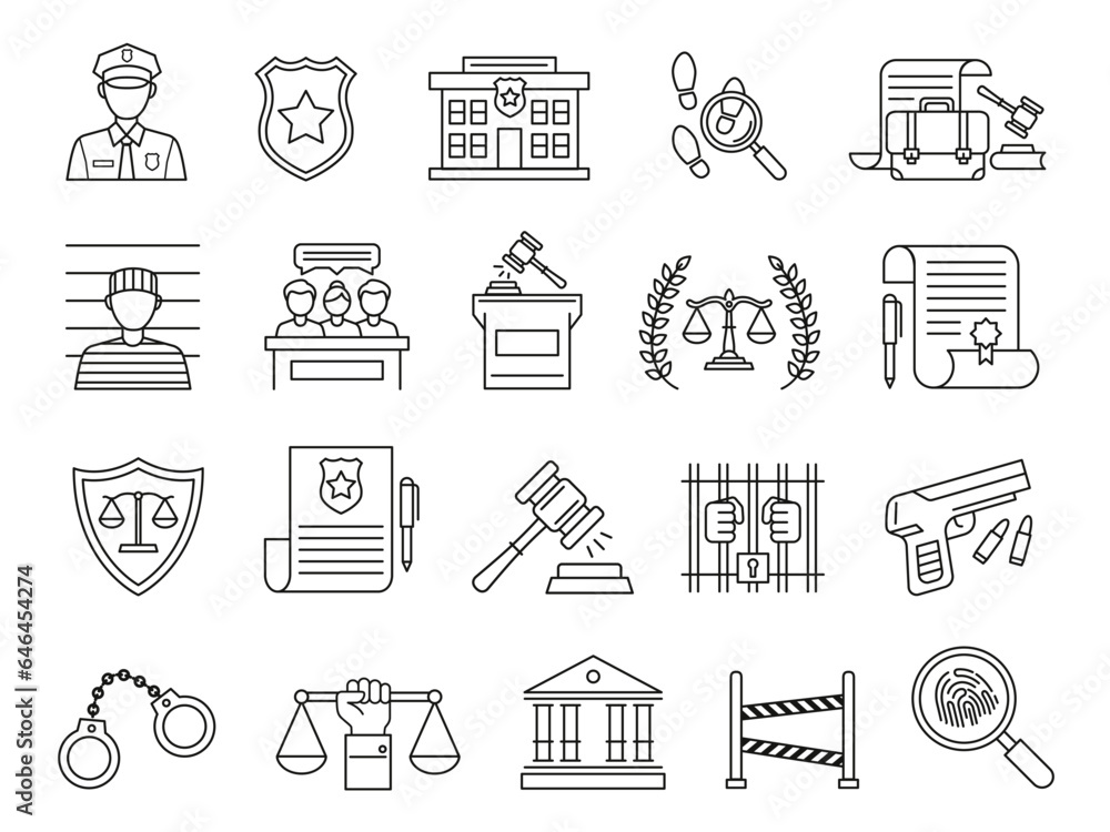 Law and judgment icons. Policeman and convicted felon, police office ...