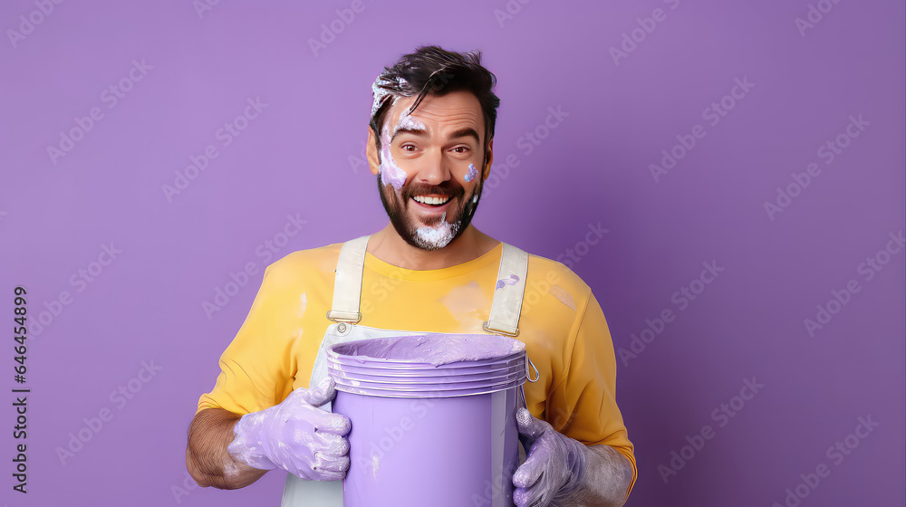 Happy man builder, painter smile and hold a bucket with a primer or ...