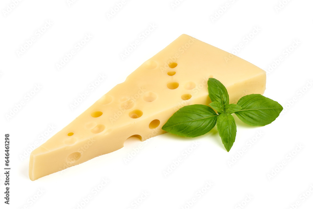 Maasdam cheese, dairy yellow triangle cheese with holes, isolated on ...