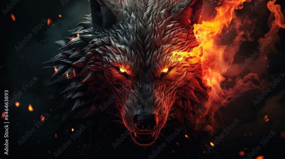 portrait of a black wolf in anger, grin, open mouth, red eyes, fiery ...