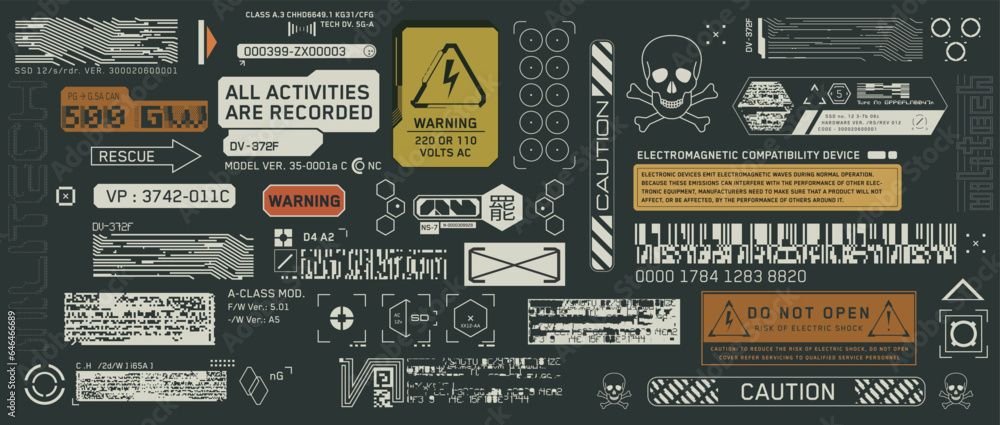 Cyberpunk decals set. Set of vector stickers and labels in futuristic ...
