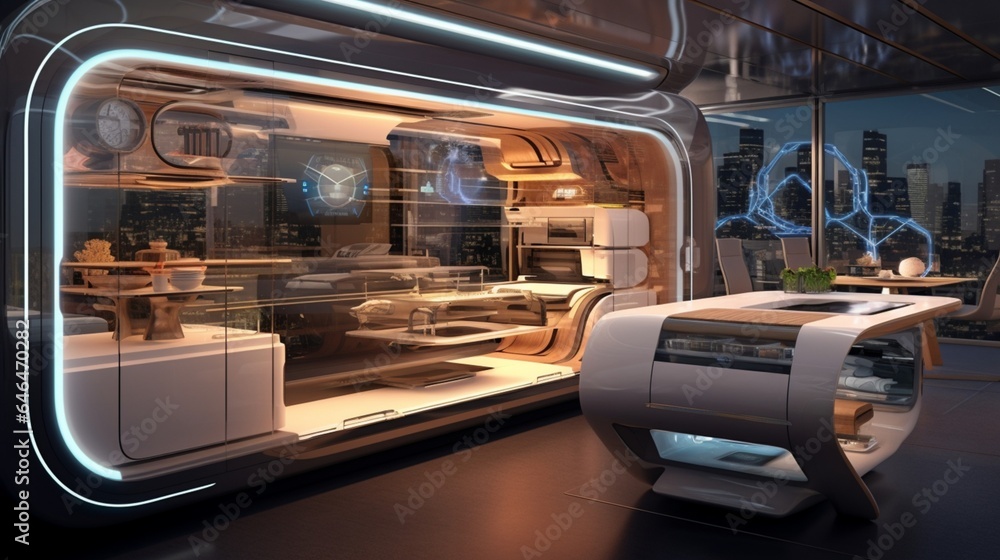 A high-tech kitchen with integrated smart appliances and touch-screen ...